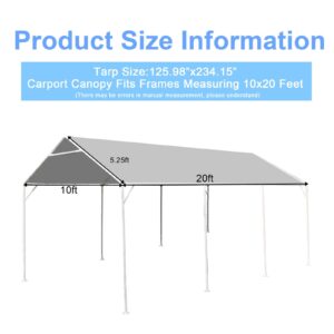 BOUTICOL 10 x 20 Ft Heavy Duty Carport Replacement Canopy Cover Waterproof & UV Protected Garage Top Tent Shelter Tarp Cover with 44 Ball Bungees Cords, Only Top Cover, Grey