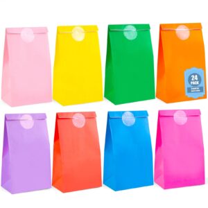 vgoodall 24pcs colored paper bags, party favor treat bags with stickers goodie bags 8 colors for wedding birthday baby shower 8.7”x 4.7”x 3”