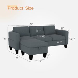 ZeeFu Convertible Sectional Sofa Couch,Classic 3 Seat L-Shaped Sofa with Movable Ottoman, Modern Dark Grey Velvet Fabric Upholstered Small Sectional Sofa Couch for Small Apartment Living Room Office