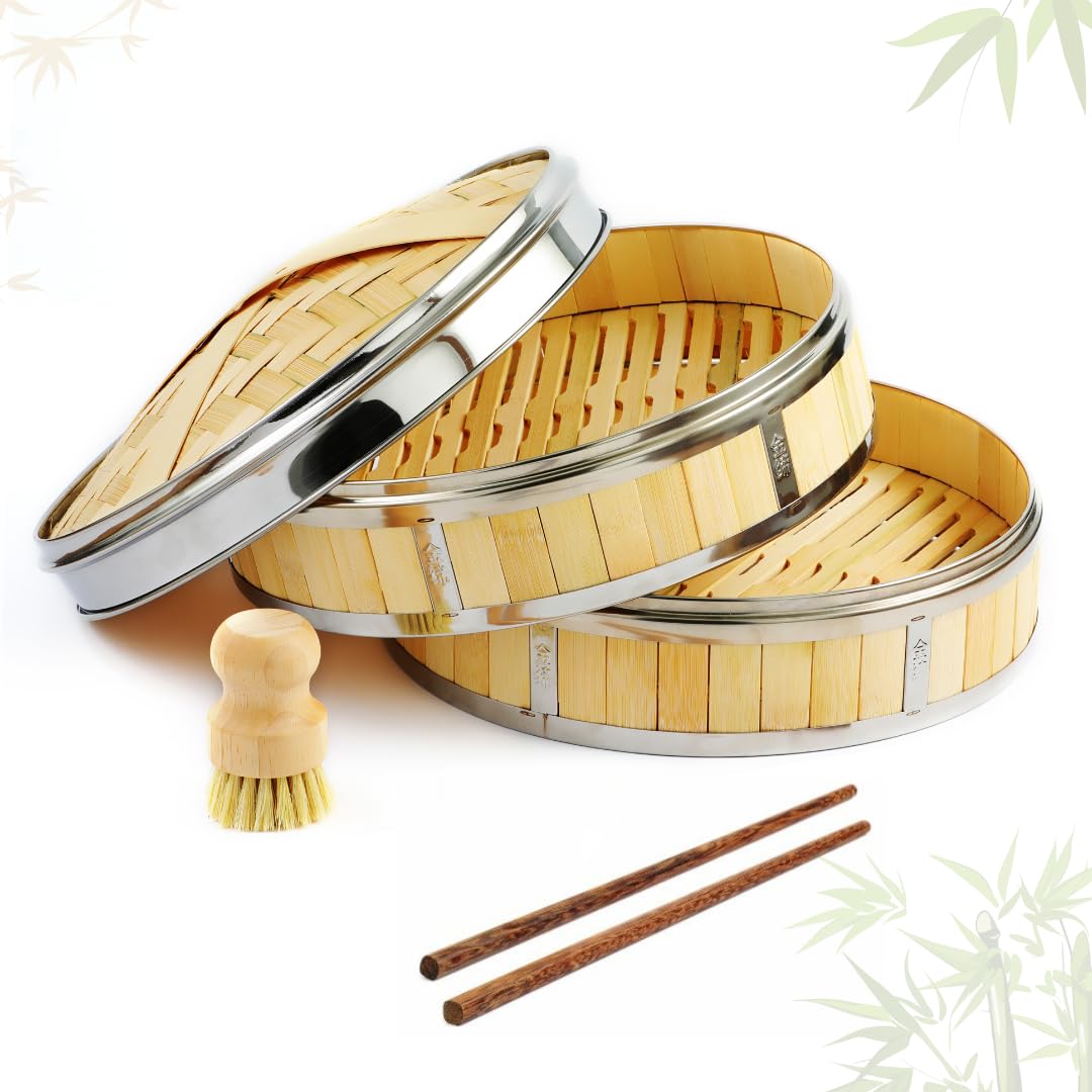 Beyond Gadgets Bamboo Steamer with Steel Reinforcement - 12-Inch 2-Tier Durable & Eco-Friendly Steamer for Healthy Cooking