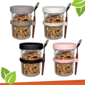 overnight oats containers with lids, glass jars with lids, set of 4 glass jars with lids, leak proof, meal prep jars, container for oats, salad, and fruit