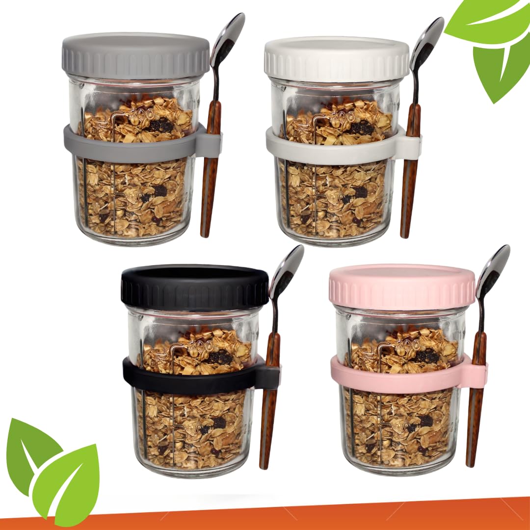 Overnight Oats Containers with Lids, Glass Jars with Lids, Set of 4 Glass Jars with Lids, Leak Proof, Meal Prep Jars, Container for Oats, Salad, and Fruit