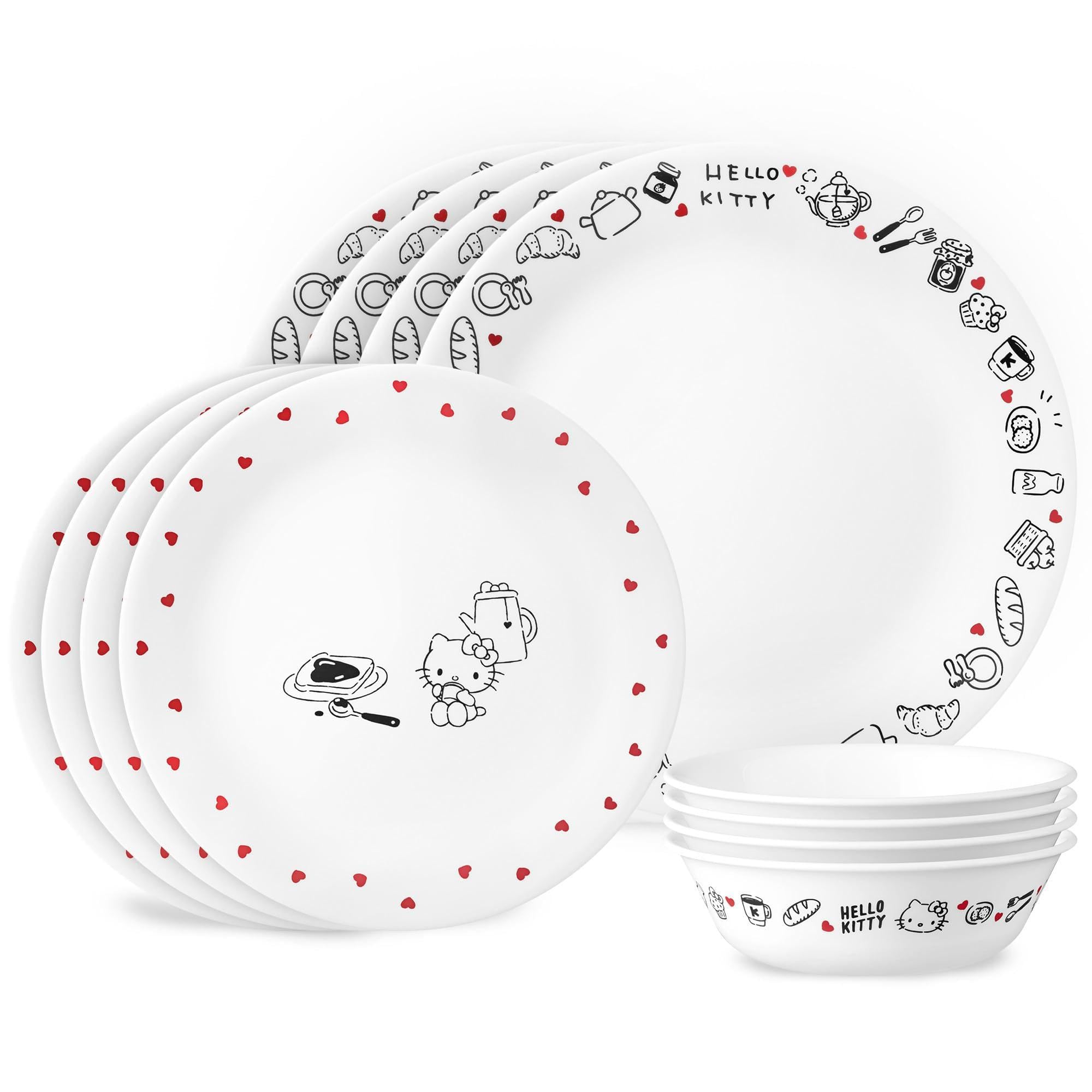 Corelle Vitrelle Hello Kitty 12-PC Dinnerware Set, Service for 3, Triple Layered Glass, Anti-Chip Durable Lightweight Plate and Bowl Set