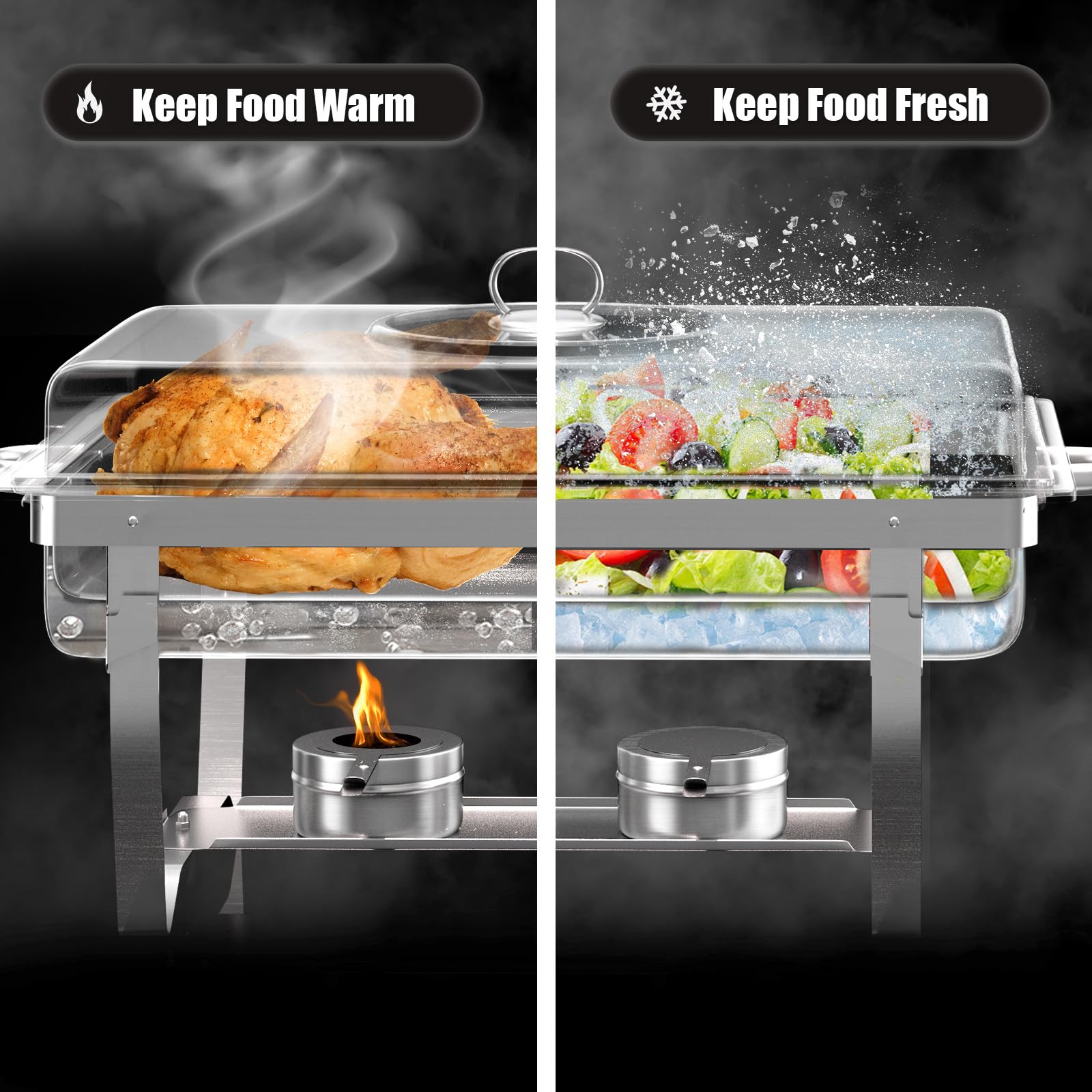 Chafing Dish Buffet Set 4 Pack, 9.5QT Chafing Dishes with Lid Holder, Stainless Steel Chafers and Buffet Warmers Sets for Catering, Parties and Weddings, 2 Glass Lids, 2 Sainless Steel Lids