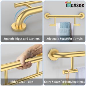 Gold Grab Bar 17 Inch w/Towel Holder, iHansee Stainless Steel Towel Rack Shower Support Balanced Support Handle, Wall Mount Safety Handrail Grab Rail for Elderly Senior Handicap Disabled