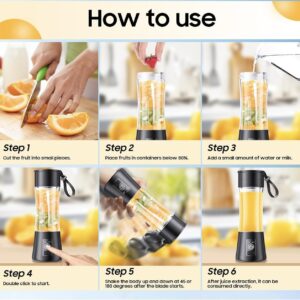 Portable Blender, Mini Personal Blender for smoothies USB Rechargeable On The Go Mixer Electric Blender Personal Size Rechargeable USB, 380Ml Juicer Cup With 6 Blades (Black), Medium