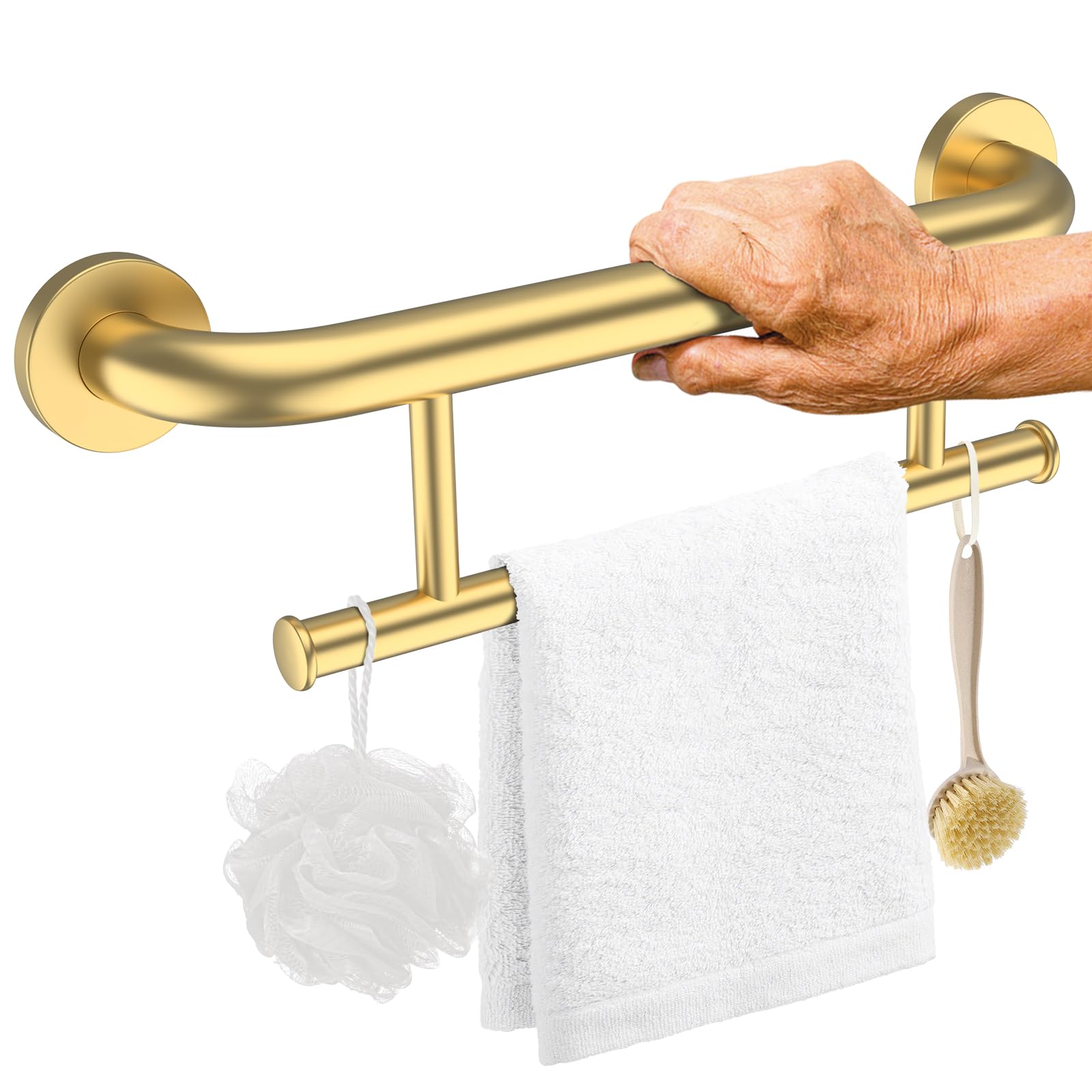 Gold Grab Bar 17 Inch w/Towel Holder, iHansee Stainless Steel Towel Rack Shower Support Balanced Support Handle, Wall Mount Safety Handrail Grab Rail for Elderly Senior Handicap Disabled