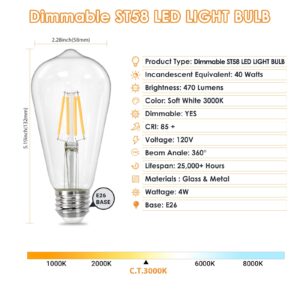 Qingmiao Vintage LED Edison Bulbs, ST58 Dimmable 4W E26 LED Bulb 40W Equivalent, 3000K Soft White Led Light Bulbs, Antique LED Filament Bulbs, CRI 80+, Flicker Free, No Glare, Clear Glass, Pack of 6