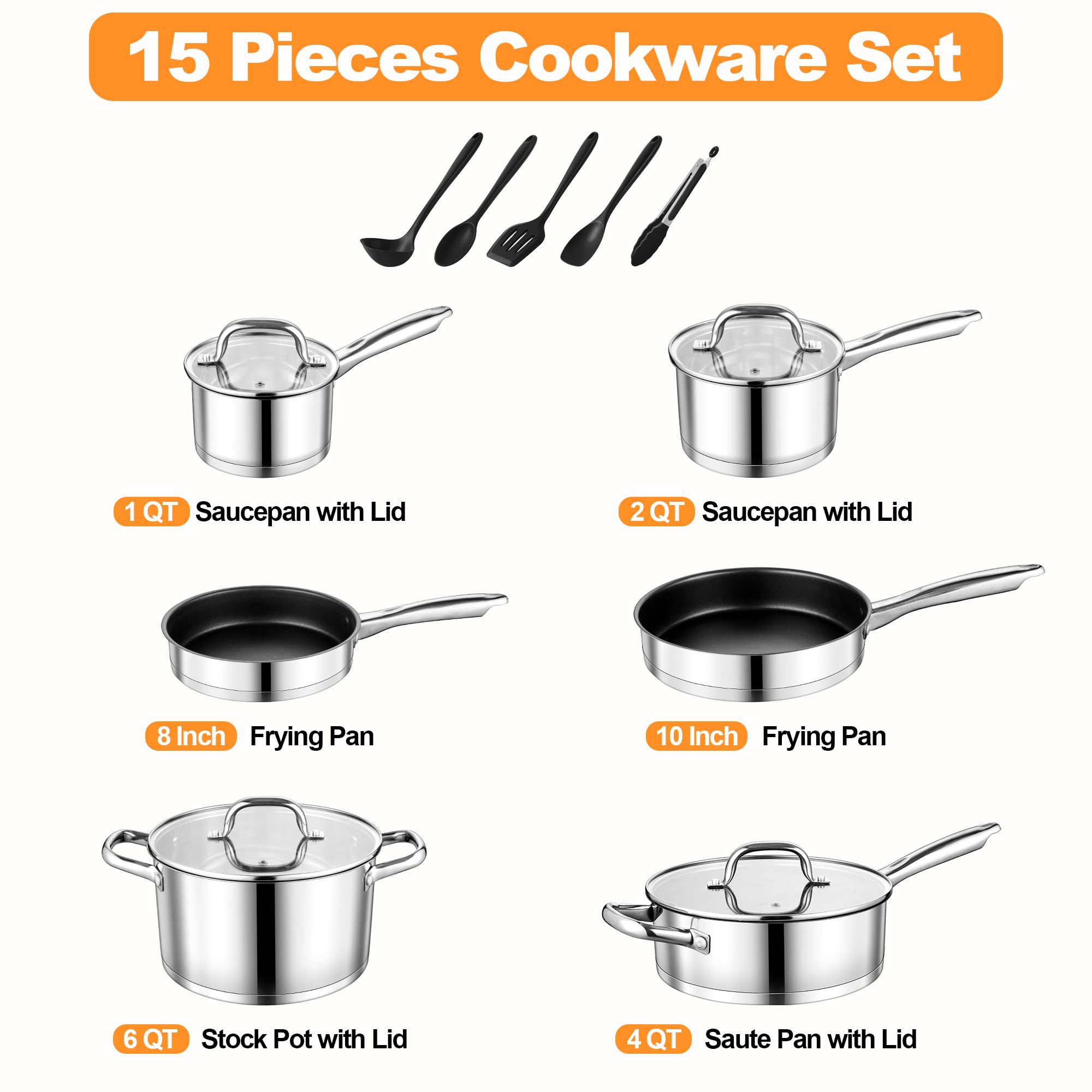 LIANYU 15Pcs Stainless Steel Cookware Set, Pots and Pans Set with Utensils, Kitchen Cooking Set Included Frying Pans, Saucepans, Saute Pan and Stock Pot, Works with All Stoves, Dishwasher & Oven Safe