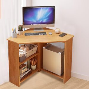 HEVIRGO Corner Desk,90 Degrees Triangle Computer Desk,Bedroom Makeup Vanity Desk,Desk with Drawers and Open Shelves,Small Space Industrial Desk for Home Office,Workstation,Living Room Light Brown