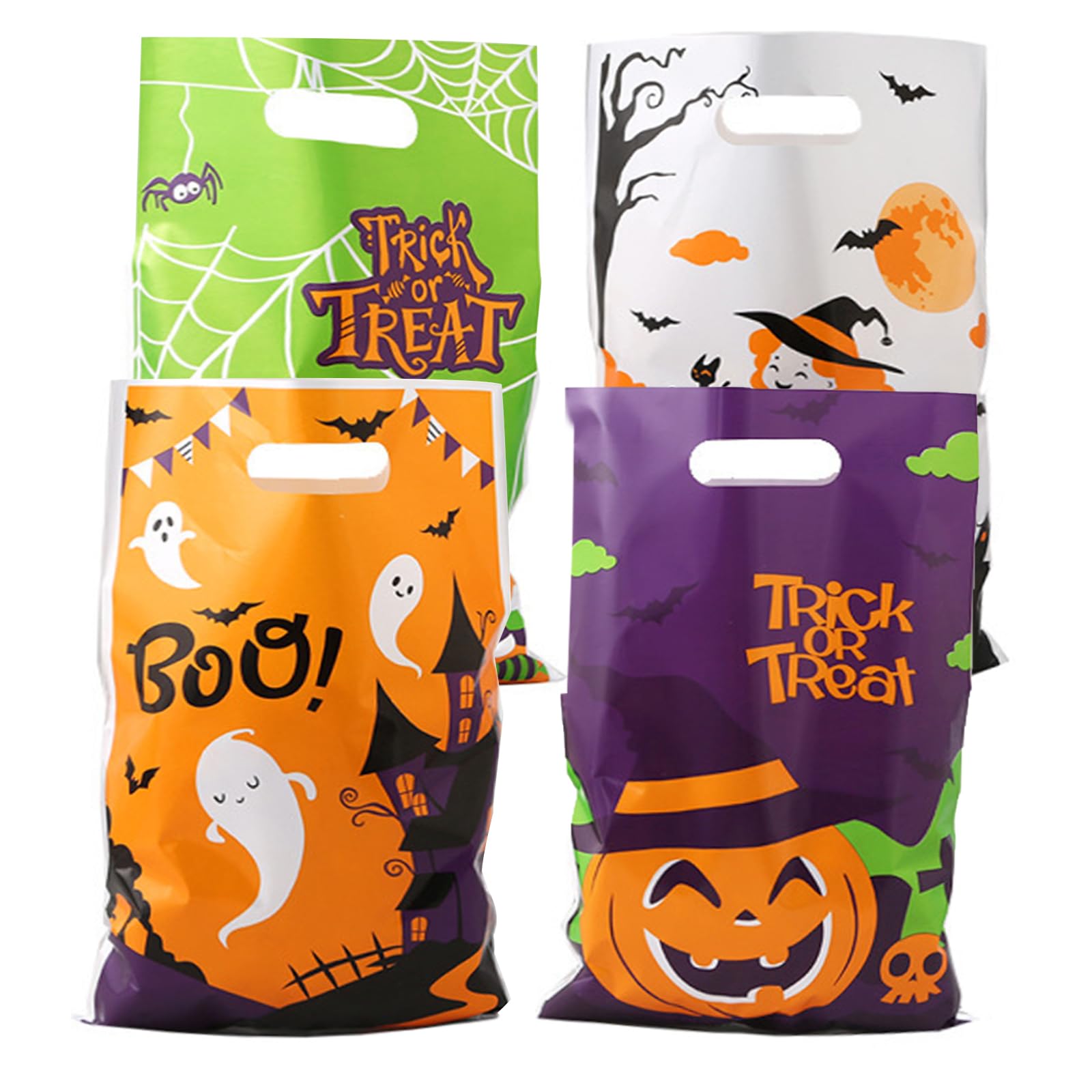 Jocomoni 100Pcs Halloween Goodie Bags Trick or Treat Bags Plastic Halloween Candy Treat Bag with Handle Gift Bag for Halloween Party Favors Supplies