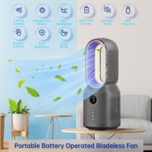 Desk Fan, Portable Bladeless Fan 13 Inch Small Quiet Cooling Office Fan,106° Oscillation, LED Display, 3 Wind Speeds&3 Light Modes Personal Battery Operated Table Fan for Home, Office, Bedroom,Travel