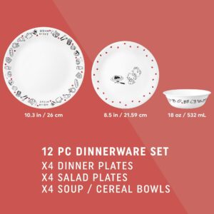 Corelle Vitrelle Hello Kitty 12-PC Dinnerware Set, Service for 3, Triple Layered Glass, Anti-Chip Durable Lightweight Plate and Bowl Set