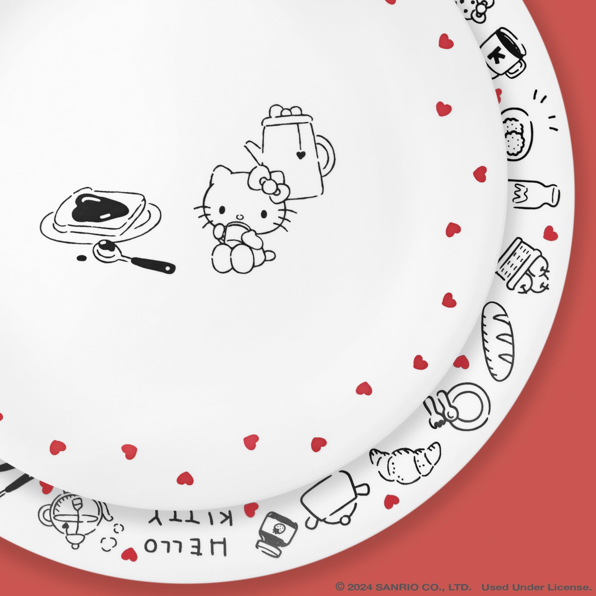 Corelle Vitrelle Hello Kitty 12-PC Dinnerware Set, Service for 3, Triple Layered Glass, Anti-Chip Durable Lightweight Plate and Bowl Set