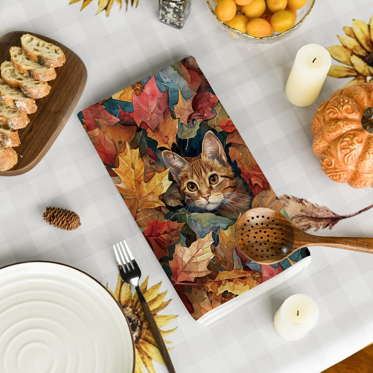 Artoid Mode Maple Leaves Cat Fall Kitchen Towels Dish Towels, 18x26 Inch Autumn Floral Thanksgiving Decoration Hand Towels Set of 2