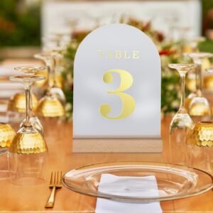 ORGANTEAM Gold Wedding Table Numbers 1-10 with Wooden Stands, Frosted Acrylic Table Numbers for Wedding, 5x7" Arch Table Signs Perfect for Rustic Wedding Restaurant Decoration Party Anniversary Event(Frosted Gold Font, Table Number 1-10)