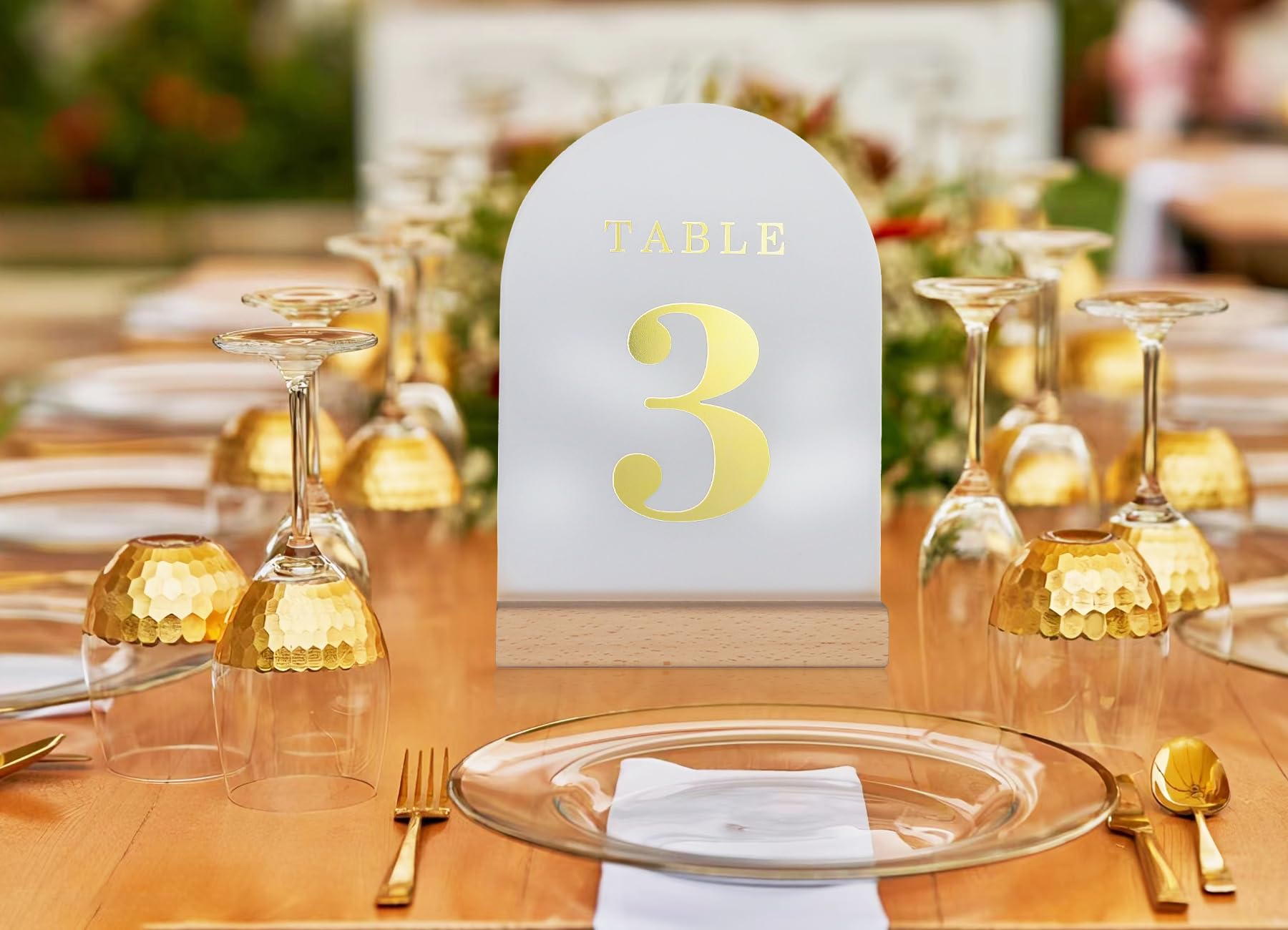 ORGANTEAM Gold Wedding Table Numbers 1-10 with Wooden Stands, Frosted Acrylic Table Numbers for Wedding, 5x7" Arch Table Signs Perfect for Rustic Wedding Restaurant Decoration Party Anniversary Event(Frosted Gold Font, Table Number 1-10)