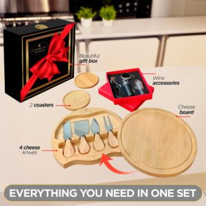 GOODHOY - Bamboo 9" Charcuterie Board Gift Set including 4 Knives-Wine Accessories Box-2 Bamboo Coasters - Complete Cheese Board Set - Unique Gift for All Occasions - Housewarming Gift - Weddings