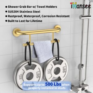 Gold Grab Bar 17 Inch w/Towel Holder, iHansee Stainless Steel Towel Rack Shower Support Balanced Support Handle, Wall Mount Safety Handrail Grab Rail for Elderly Senior Handicap Disabled