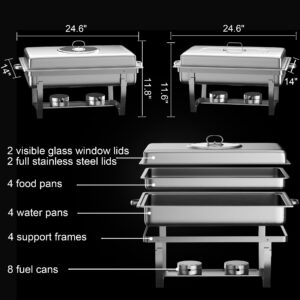 Chafing Dish Buffet Set 4 Pack, 9.5QT Chafing Dishes with Lid Holder, Stainless Steel Chafers and Buffet Warmers Sets for Catering, Parties and Weddings, 2 Glass Lids, 2 Sainless Steel Lids