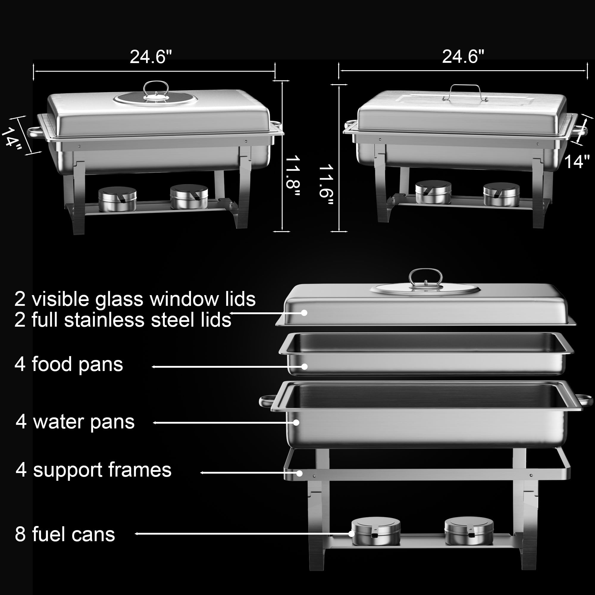 Chafing Dish Buffet Set 4 Pack, 9.5QT Chafing Dishes with Lid Holder, Stainless Steel Chafers and Buffet Warmers Sets for Catering, Parties and Weddings, 2 Glass Lids, 2 Sainless Steel Lids