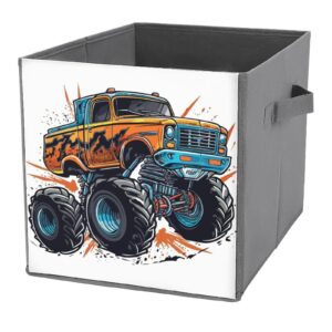 meikko monster truck cute cube storage bins 11 inch storage cubes foldable decorative fabric storage baskets for organizing home organizers with handles for shelves,closet