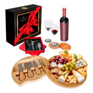 goodhoy - bamboo 9" charcuterie board gift set including 4 knives-wine accessories box-2 bamboo coasters - complete cheese board set - unique gift for all occasions - housewarming gift - weddings