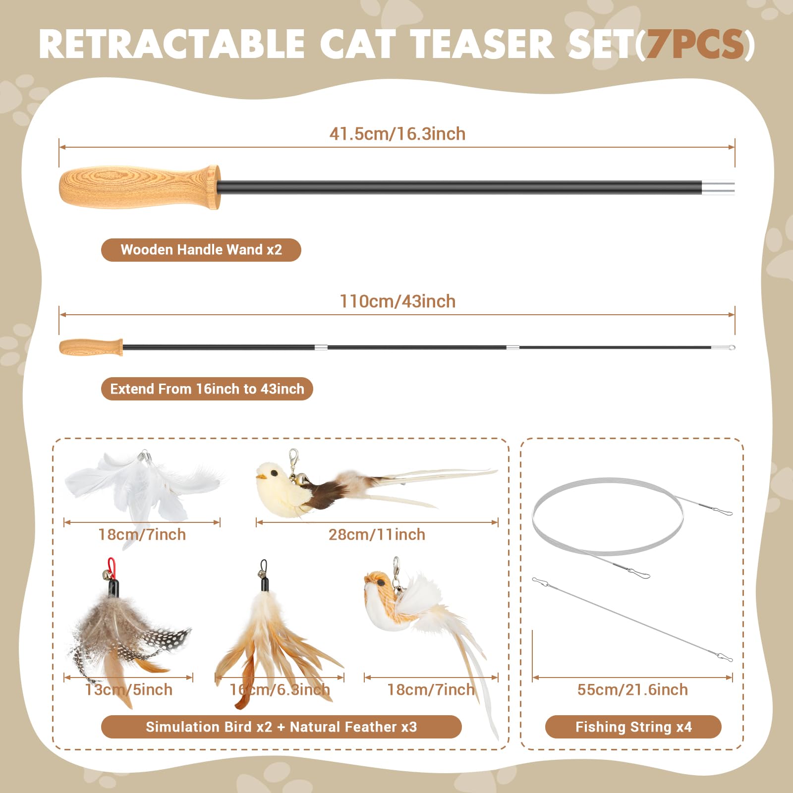 ROSAUI Cat Teaser Wand Toys, Interactive Bird Toys for Indoor Kittens, 43’’ Long cat Fishing Pole Toys, 2pcs Wires and 5pcs Natural Refills, Sustainable Wooden Handles, Exercising, Playing