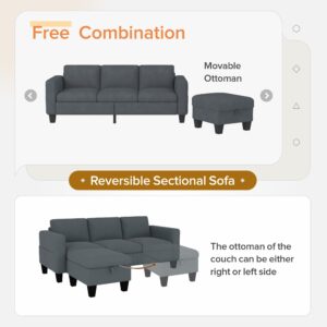 ZeeFu Convertible Sectional Sofa Couch,Classic 3 Seat L-Shaped Sofa with Movable Ottoman, Modern Dark Grey Velvet Fabric Upholstered Small Sectional Sofa Couch for Small Apartment Living Room Office