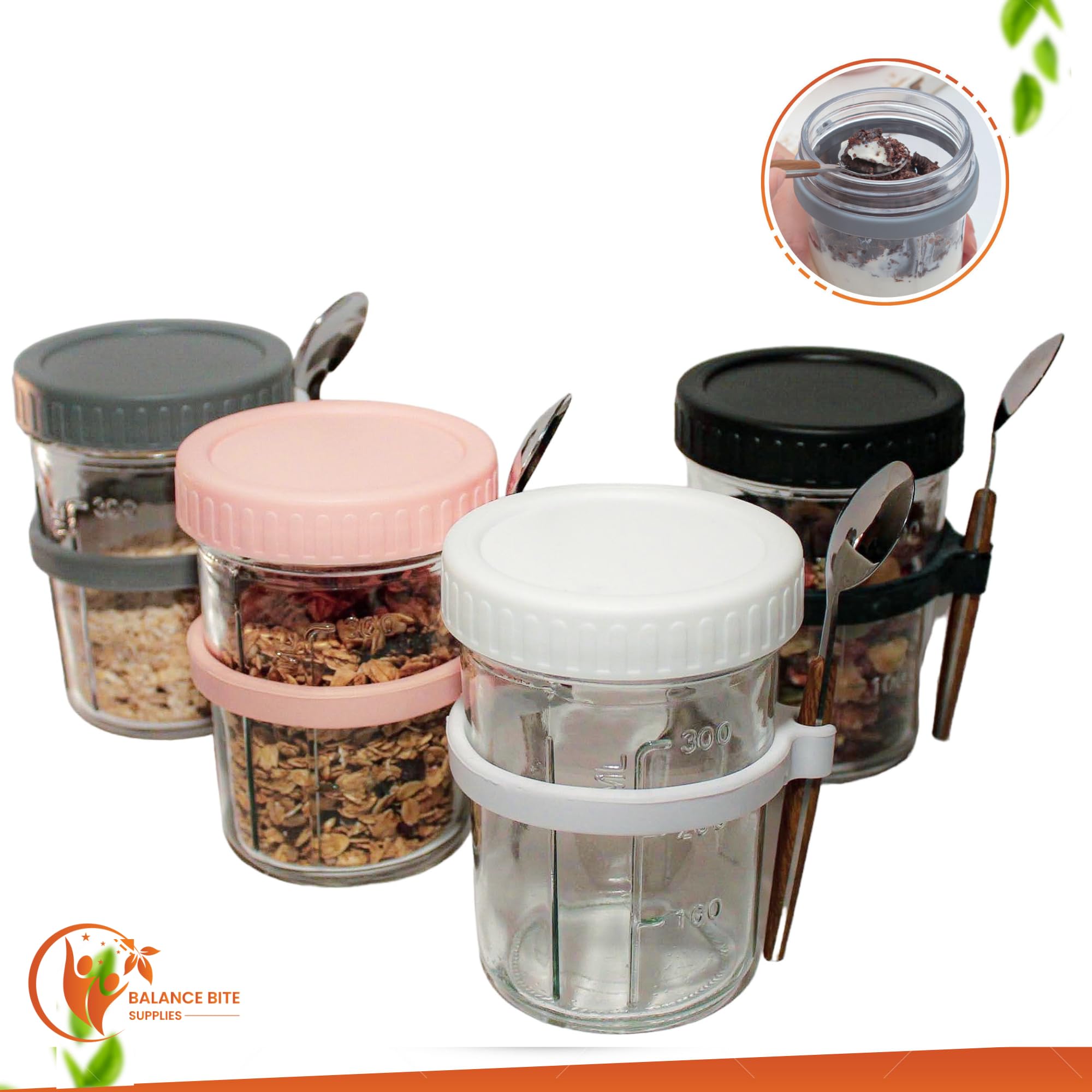 Overnight Oats Containers with Lids, Glass Jars with Lids, Set of 4 Glass Jars with Lids, Leak Proof, Meal Prep Jars, Container for Oats, Salad, and Fruit