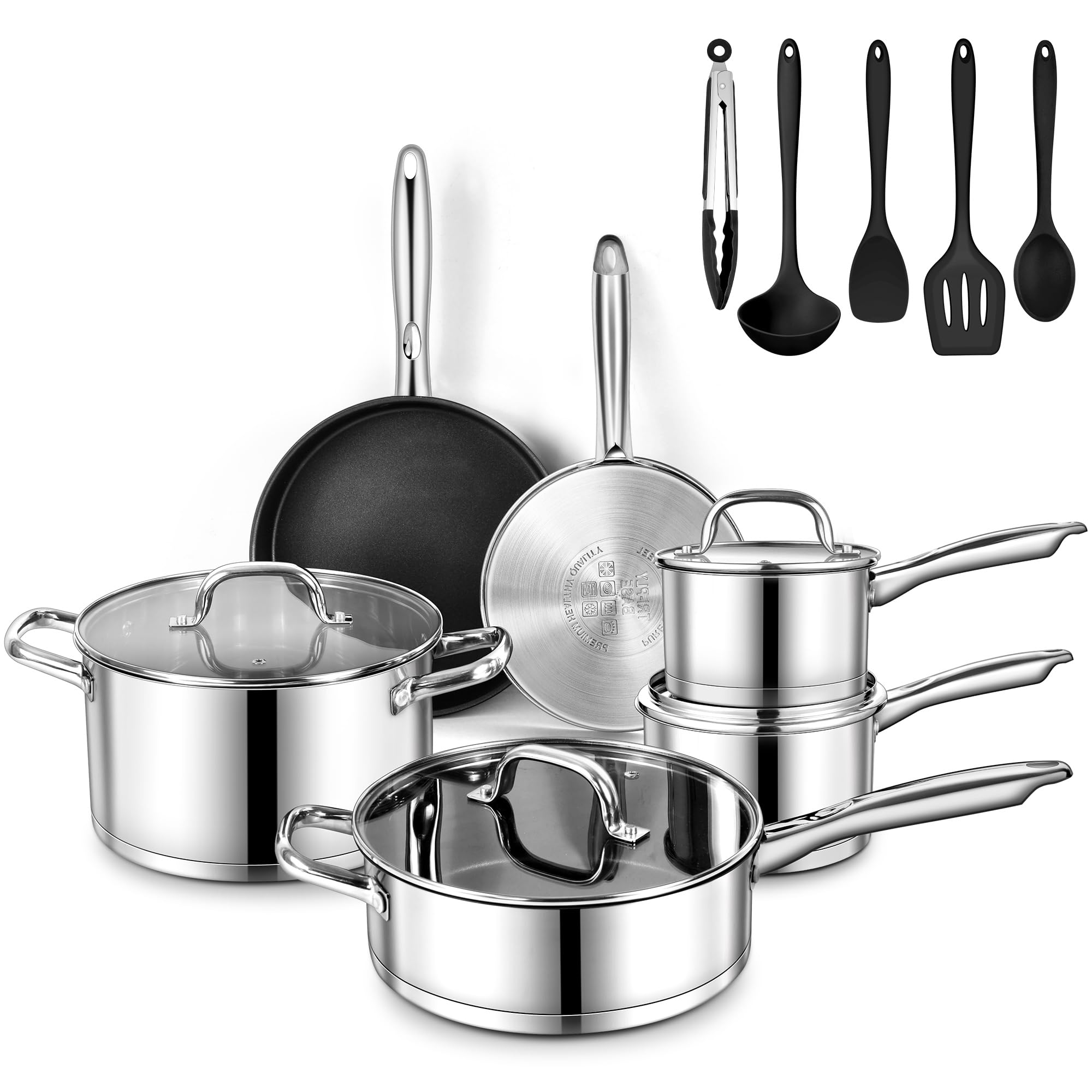 LIANYU 15Pcs Stainless Steel Cookware Set, Pots and Pans Set with Utensils, Kitchen Cooking Set Included Frying Pans, Saucepans, Saute Pan and Stock Pot, Works with All Stoves, Dishwasher & Oven Safe