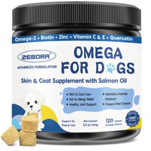 omega 3 for dogs with salmon oil, fish oil for dogs skin and coat supplement, dog allergy relief, hot spot treatment, anti shedding, hip & joint support with epa & dha, biotin, vitamin e - 40 servings