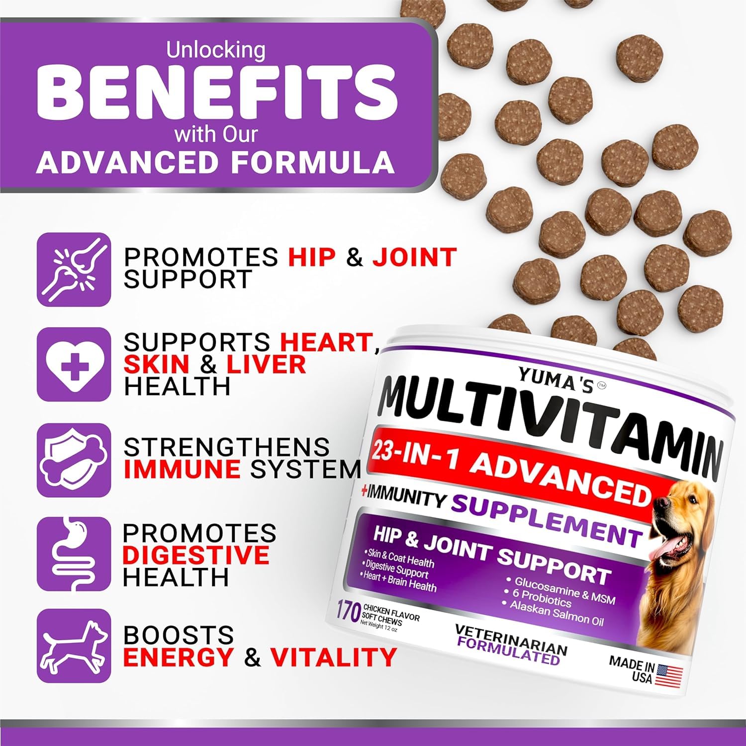 2-Pack Dog Multivitamin Chewable with Glucosamine - Dog Vitamins and Supplements - Senior & Puppy Multivitamin for Dogs - Hip & Joint Support - Immune Health, Skin, Heart, Digestion, Probiotics