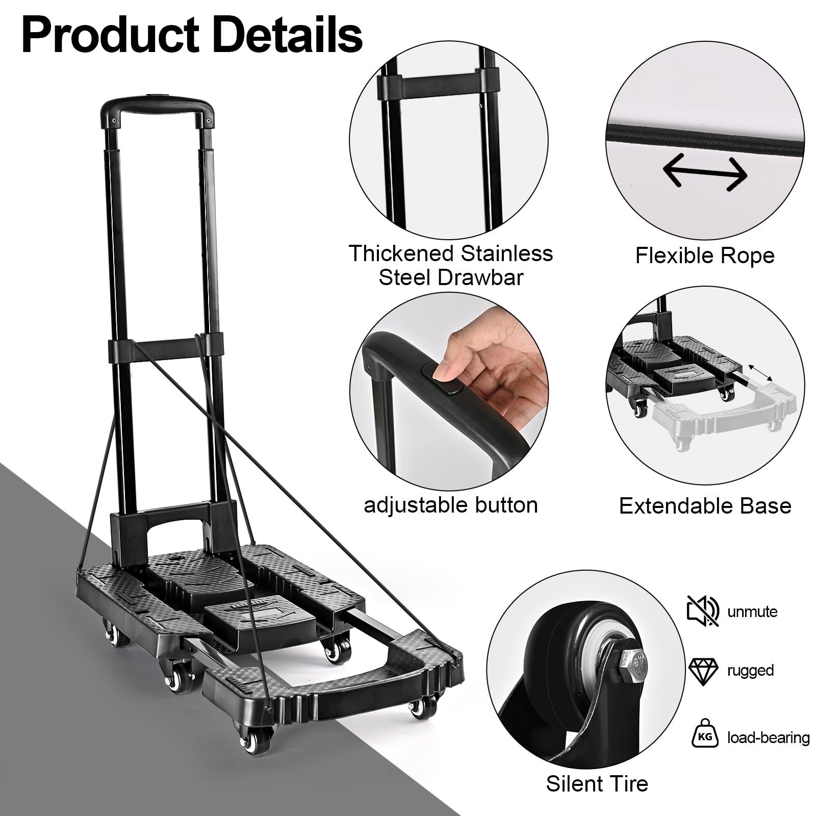 Caxlis Upgrade Folding Hand Truck, 500lbs Heavy Duty Dolly Cart, Professional Utility Dolly Platform Cart with 6 Wheels and 2 Elastic Ropes for Luggage, Travel, Moving, Shopping, Office Use, Black