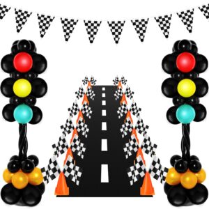 winnerwhy 179 pcs racing birthday party decorations includes 141 traffic lights balloon stand set 12 traffic cones 24 racing waving flags 1 grid string flags 1 racetrack floor runner