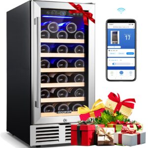 bodega wine fridge 15 inch, wine cooler for built-in or freestanding,31 bottles wine refrigerator,small wine cooler for home bedroom bar, mini fridge under counter with glass door, wifi control.