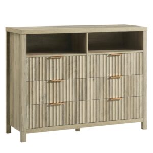 oakham home oxford fluted 6 drawer dresser for bedroom, wide modern wooden chest of drawers with 2 shelves, tv stand of drawers, wood drawer organizer, 46.5" w x 37" h x 15.4" d (sunwashed ash oak)