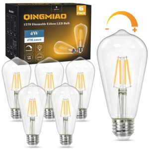 qingmiao vintage led edison bulbs, st58 dimmable 4w e26 led bulb 40w equivalent, 3000k soft white led light bulbs, antique led filament bulbs, cri 80+, flicker free, no glare, clear glass, pack of 6