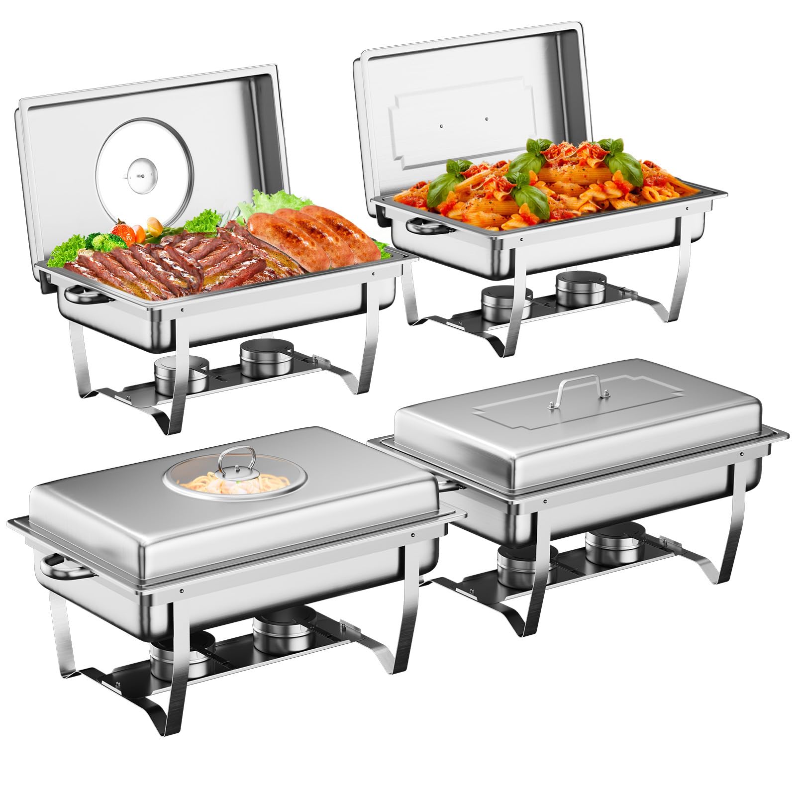 Chafing Dish Buffet Set 4 Pack, 9.5QT Chafing Dishes with Lid Holder, Stainless Steel Chafers and Buffet Warmers Sets for Catering, Parties and Weddings, 2 Glass Lids, 2 Sainless Steel Lids