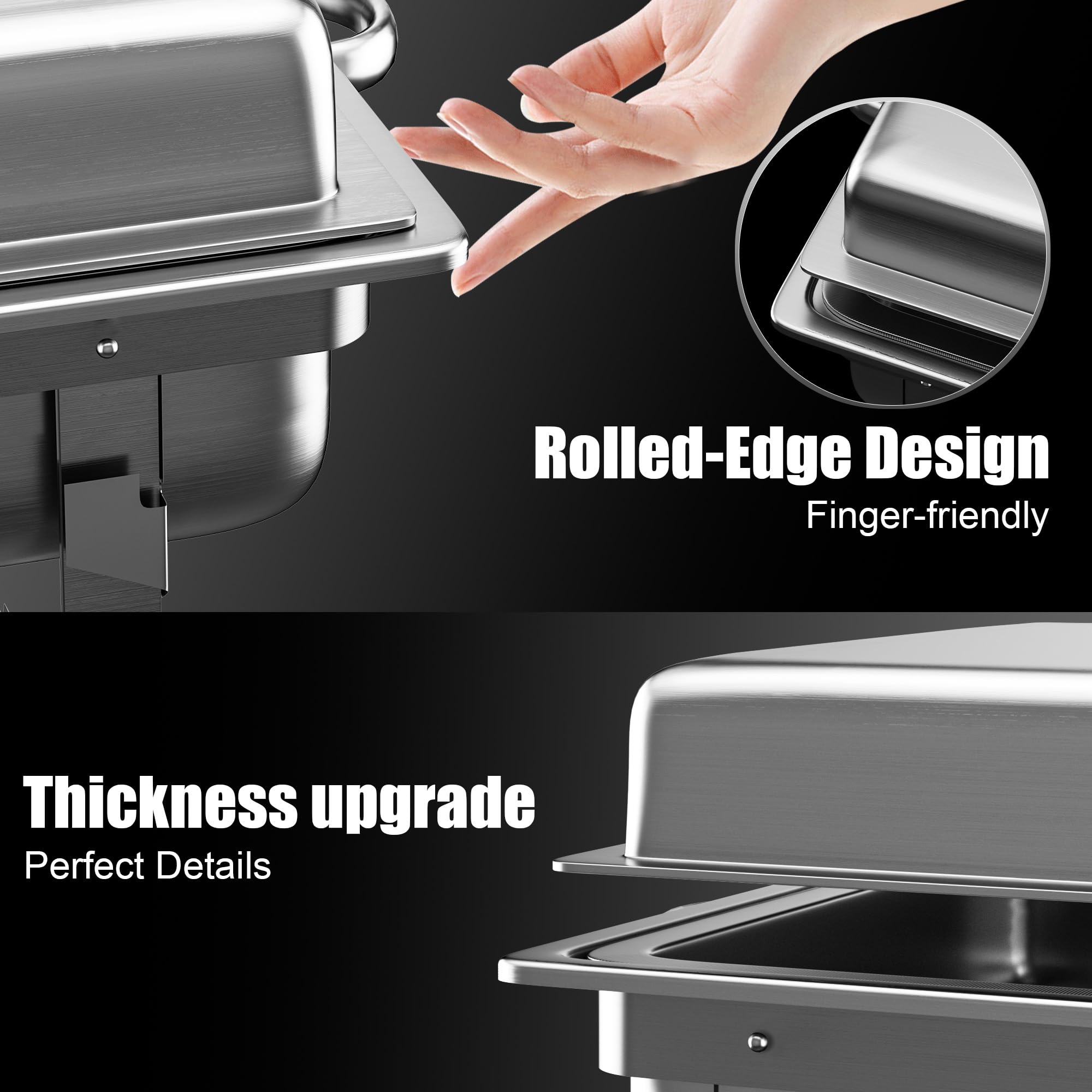 Chafing Dish Buffet Set 4 Pack, 9.5QT Chafing Dishes with Lid Holder, Stainless Steel Chafers and Buffet Warmers Sets for Catering, Parties and Weddings, 2 Glass Lids, 2 Sainless Steel Lids