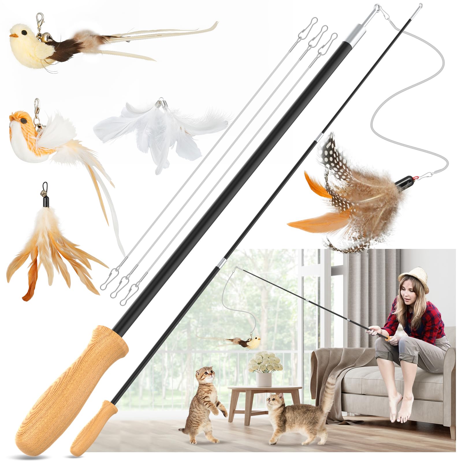 ROSAUI Cat Teaser Wand Toys, Interactive Bird Toys for Indoor Kittens, 43’’ Long cat Fishing Pole Toys, 2pcs Wires and 5pcs Natural Refills, Sustainable Wooden Handles, Exercising, Playing