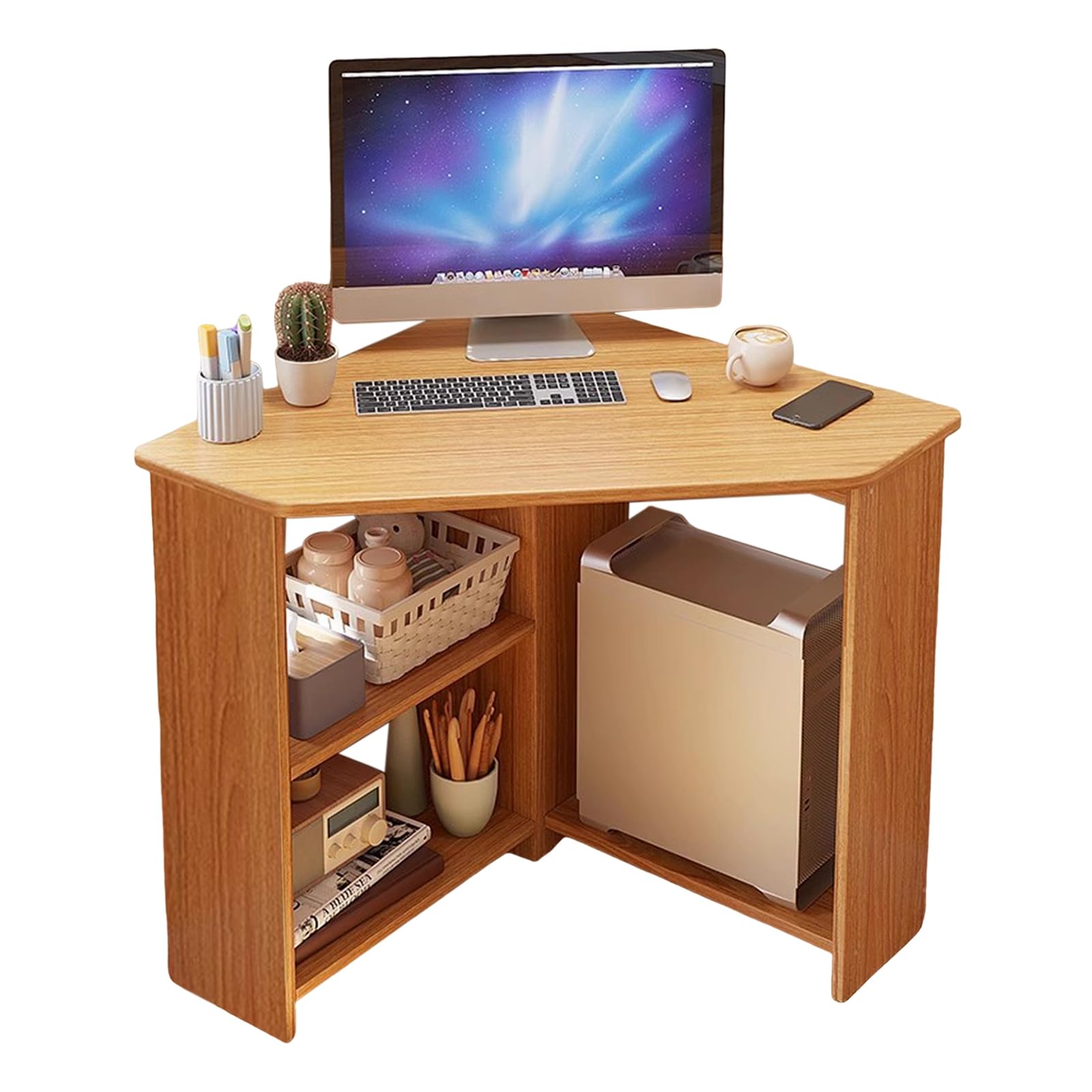 HEVIRGO Corner Desk,90 Degrees Triangle Computer Desk,Bedroom Makeup Vanity Desk,Desk with Drawers and Open Shelves,Small Space Industrial Desk for Home Office,Workstation,Living Room Light Brown