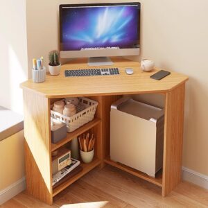 HEVIRGO Corner Desk,90 Degrees Triangle Computer Desk,Bedroom Makeup Vanity Desk,Desk with Drawers and Open Shelves,Small Space Industrial Desk for Home Office,Workstation,Living Room Light Brown