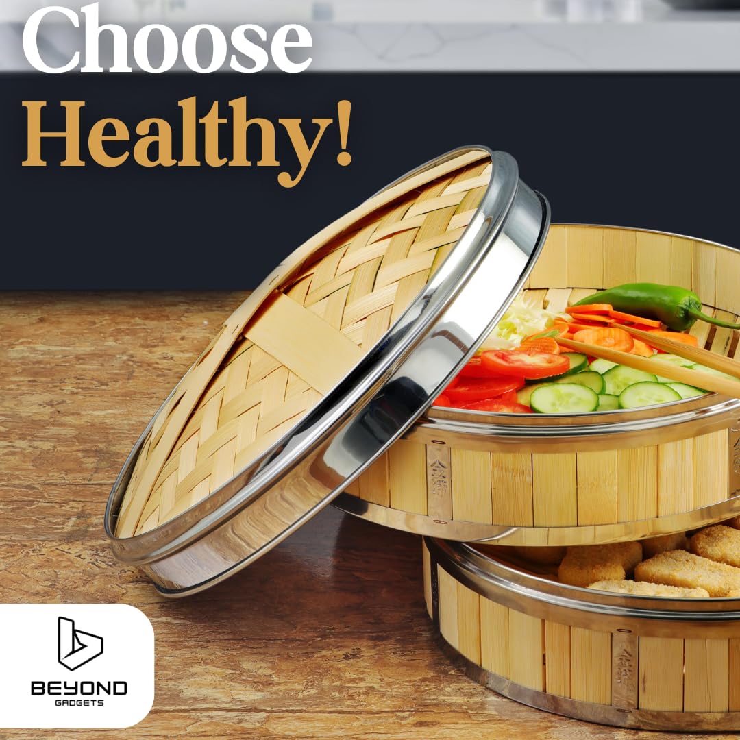 Beyond Gadgets Bamboo Steamer with Steel Reinforcement - 12-Inch 2-Tier Durable & Eco-Friendly Steamer for Healthy Cooking