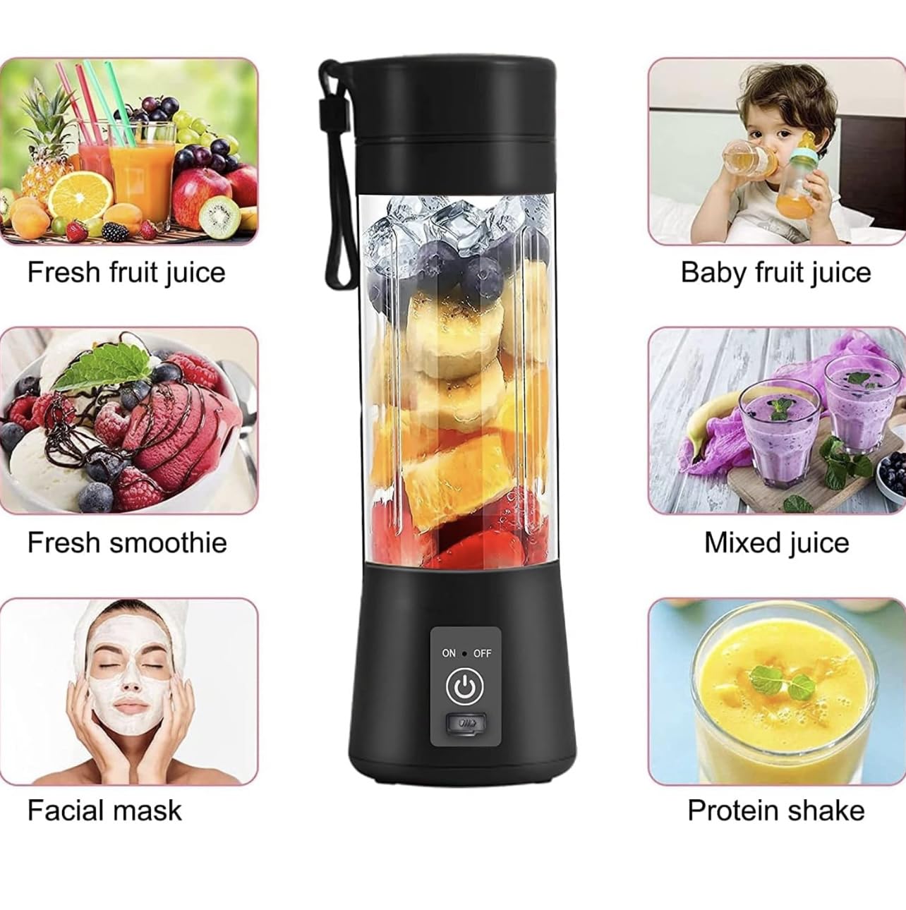 Portable Blender, Mini Personal Blender for smoothies USB Rechargeable On The Go Mixer Electric Blender Personal Size Rechargeable USB, 380Ml Juicer Cup With 6 Blades (Black), Medium