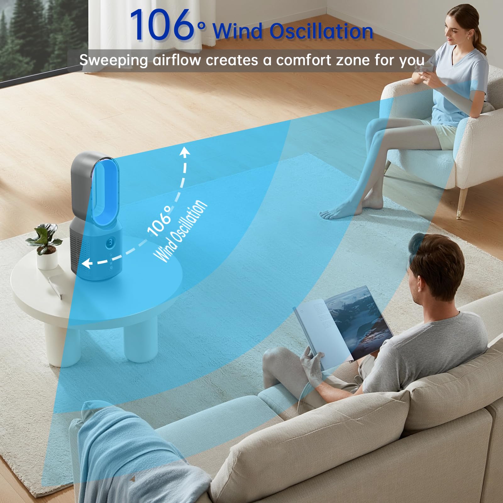 Desk Fan, Portable Bladeless Fan 13 Inch Small Quiet Cooling Office Fan,106° Oscillation, LED Display, 3 Wind Speeds&3 Light Modes Personal Battery Operated Table Fan for Home, Office, Bedroom,Travel