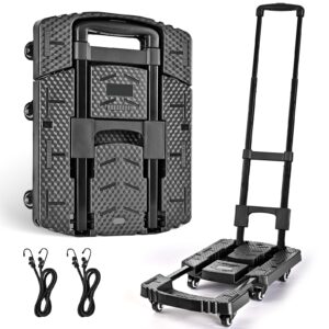 caxlis upgrade folding hand truck, 500lbs heavy duty dolly cart, professional utility dolly platform cart with 6 wheels and 2 elastic ropes for luggage, travel, moving, shopping, office use, black