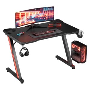 furmax gaming desk computer desk z-shaped gaming table with carbon fibre surface home office desk pc workstation desk with cup holder, headphone hook modern style desk (black, 44 inch)