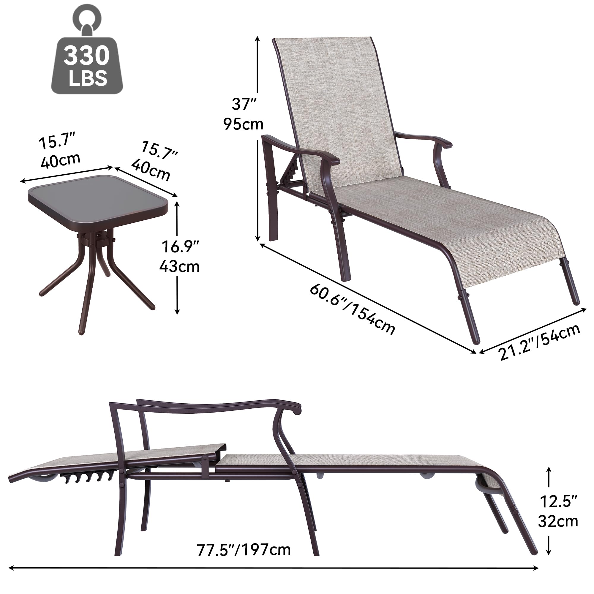 YITAHOME Outdoor Chaise Lounge Chair Set of 3, Aluminum Patio Lounge Chair with Side Table and 5 Adjustable Positions, Textile Pool Chaise Lounger for Outdoor, Patio, Beach, Yard (Beige)