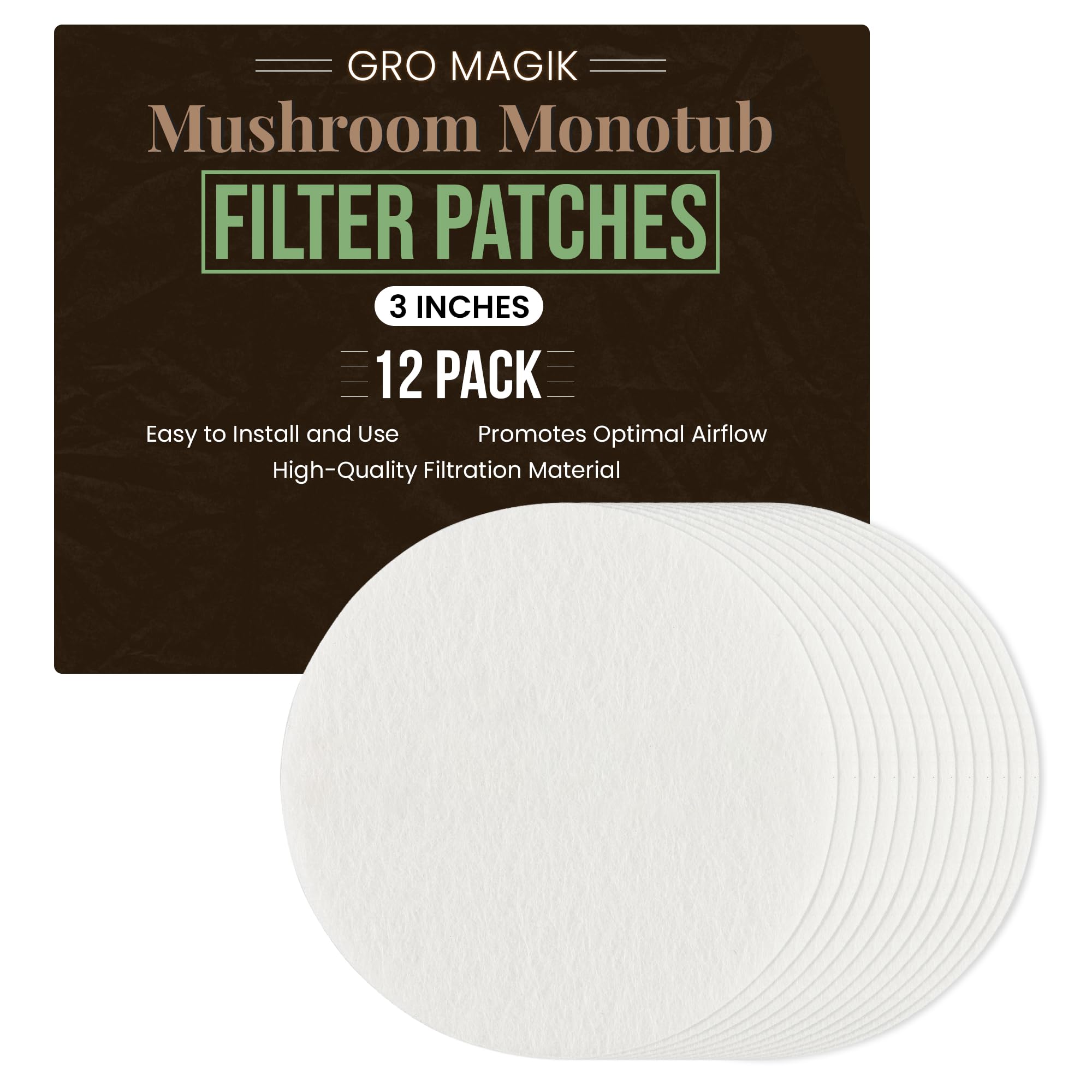 Gro Magik 3" Monotub Filter Discs, Fresh Air Exchange (FAE) Filter Pad Replacements Adhesive Patches for Mushroom Monotub and Fruiting Chamber, 12-Pack